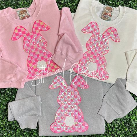 Pink Bunny Checkered Iron On Patch Sequin Bunny Patch Diy Patch Easter Patch Etsy