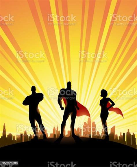 도시 스카이 라인을 배경으로 세 슈퍼 히어로 실루엣 벡터 슈퍼히어로에 대한 스톡 벡터 아트 및 기타 이미지 슈퍼히어로 3 명 실루엣 Istock