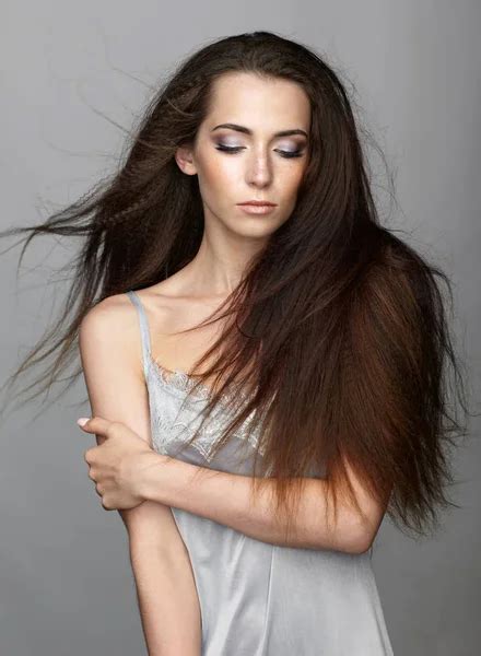 Beauty Portrait Of Young Woman Brunette Girl With Long Dishevel Stock