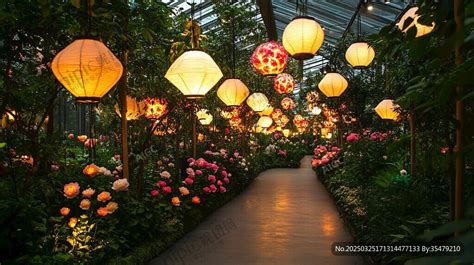 Ai创作图花灯 花卉 小径 灯光 园艺 灯笼 植物 景观 装饰 夜色 绿植 花朵 氛围 唯美 绚烂 昵图网