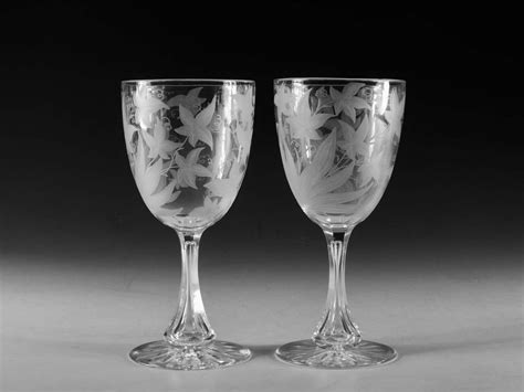 Antique Glass Goblets Pair Engraved English C1870