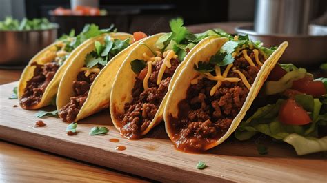 Four Meaty Tacos Sitting On A Board Background Taco Picture Taco