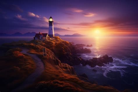 Premium Photo Lighthouse On A Rocky Cliff With A Sunset In The Background Generative Ai
