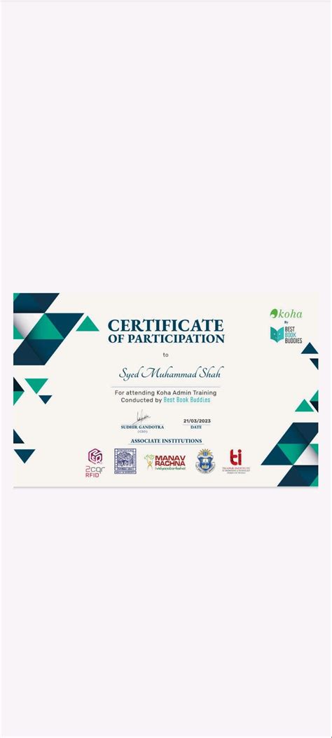 syed muhammad shah on linkedin certificate of participation in koha