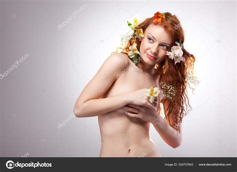 Portrait Beautiful Naked Woman Spring Flowers Stock Photo Artjazz