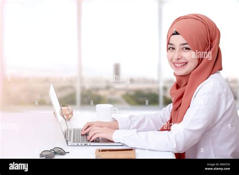 Hijab Muslim Woman Work With Computer Muslim Girl Sitting In Office