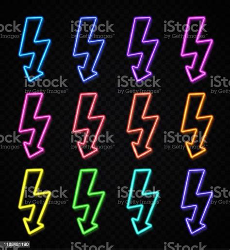 투명 한 배경에 설정 된 전원 네온 기호입니다 현실적인 색상 전기 기호 디자인입니다 장식 을위한 빛 플래시 추상 적 벼락 번개