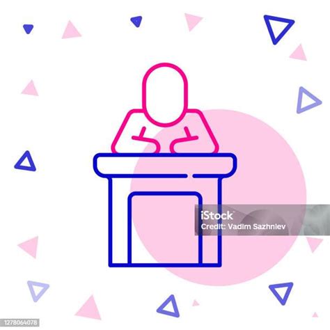 흰색 배경에 격리 된 라인 스피커 아이콘 트리뷴에서 말하기 오레이터 공개 연설 연단에 있는 사람 다채로운 개요 개념 벡터 0명에 대한 스톡 벡터 아트 및 기타 이미지