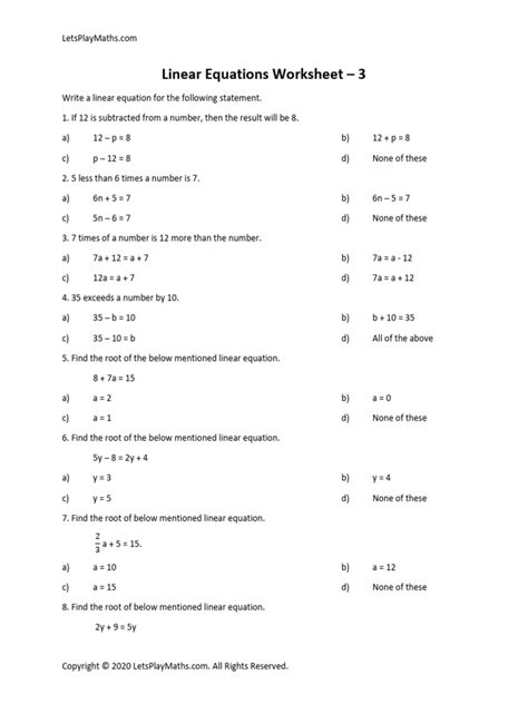Linear Equation 3 Pdf All Rights Reserved Equations