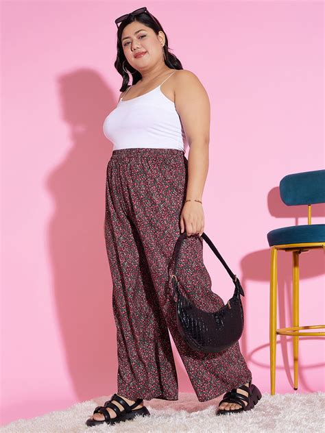 Women Plus Size Black And Multicolour Floral Printed High Rise Waist Wide
