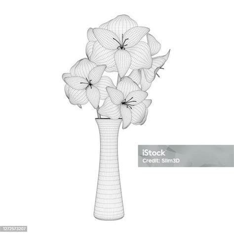 흰색 배경에 고립 된 검은 색 선에서 꽃화병의 와이어 프레임 3d 벡터 일러스트레이션 와이어 프레임 모델에 대한 스톡 벡터 아트