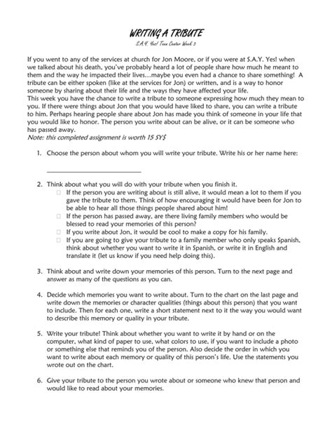 Writing A Tribute Teen Worksheet For Honoring Loved Ones