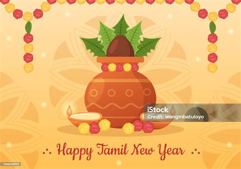 Vishu 꽃 냄비 및 인도 힌두교 축제가 있는 해피 타밀어 새해 그림이 방문 페이지 템플릿에 대해 그려진 평면 만화 손으로