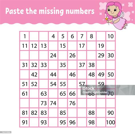 누락된 숫자를 붙여넣습니다 필기 연습 아이들을위한 학습 번호 교육 개발 워크 시트 활동 페이지 어린이를위한 게임 귀여운 만화 스타일의 고립 된 벡터 일러스트레이션 0명에