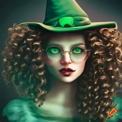 Witch With Curly Brown Hair Glasses Green Eyes And Dark Green Hat On