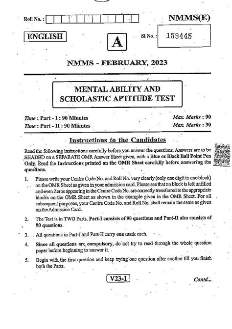 Andhra Pradesh Nmms 2023 Question Paper Pdf