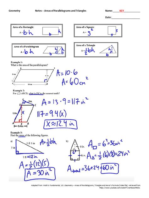 Geom Notes Areaparallelogramtriangle Key Pdf