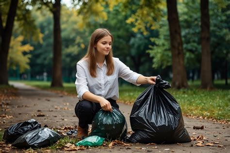 Girl Collects Garbage In Garbage Bags In The Park Premium Ai