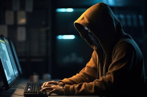 얼굴에 마스크를 쓴 어두운 방의 해커 프리미엄 사진