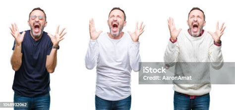 사람의 잘생긴 수석 노인의 서 콜라주 고립 배경 미친과 미친 소리 하 고 적극적인 식와 팔 제기 함 좌절 개념입니다 감정에 대한 스톡 사진 및 기타 이미지 Istock