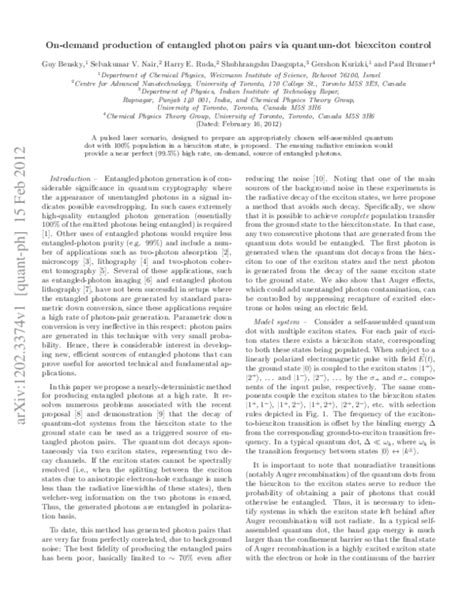 Pdf On Demand Production Of Entangled Photon Pairs Via Quantum Dot Biexciton Control