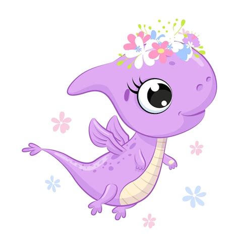 Premium Vector Cute Girl Dinosaur With Flowers Cartoon Illustration