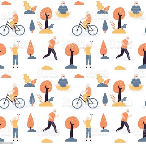 노인과의 원활한 패턴은 신체 활동에 종사하고 있습니다 바리오스 야외 스포츠 는 노인을위한 활성 개념에 대한 스톡 벡터 아트 및 기타 이미지 Istock