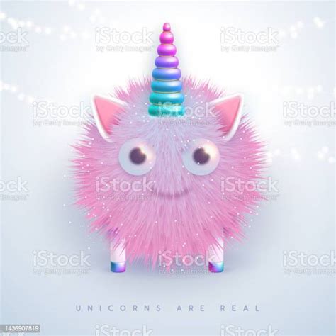 흰색 배경에 격리된 그라디언트 뿔이 있는 3d 현실적인 솜털 유니콘 벡터 그림 3차원 형태에 대한 스톡 벡터 아트 및 기타