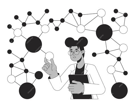 분자를 공부하는 과학자 Bw 개념 벡터 자리 그림 웹 Ui 디자인을 위한 원자 분자 물리학자 2d 만화 플랫 라인 단색 문자 편집 가능한 격리된 개요 영웅 이미지 프리미엄 벡터