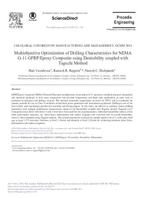 pdf multiobjective optimization of drilling characteristics for nema