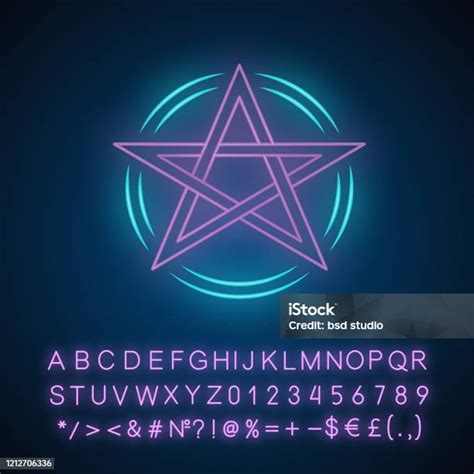 펜타그람 네온 라이트 아이콘입니다 신비로운 의식 펜타클 악마 의 별 사탄 위칸 및 이교도 기호 마법과 악마 기호 신비한 헵타그램 빛나는 알파벳 숫자 벡터 절연 그림 네온에