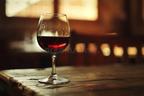 Glass With Red Wine On A Wooden Table Tasting In A Restaurant Or Pub