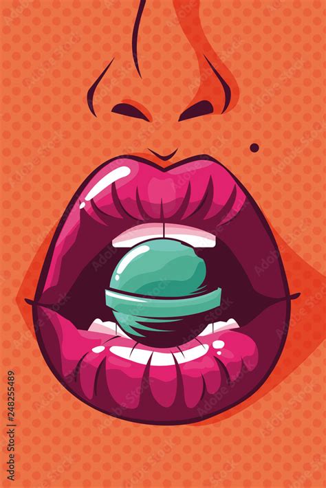 Sexy Woman Lips With Candy Pop Art Style Stock Vector Adobe Stock