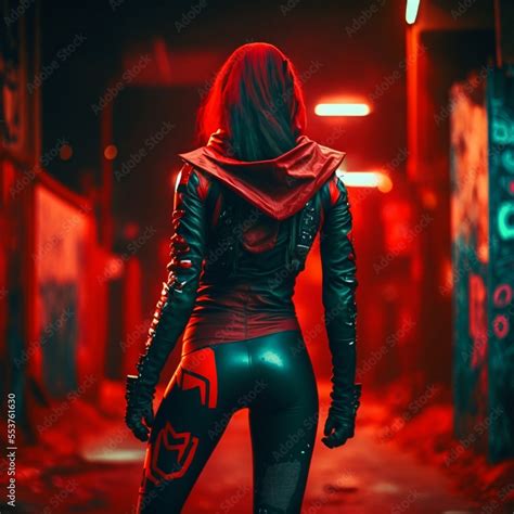 Cyberpunk Woman In Latex Dress And Leather Hoodie Fictional Person