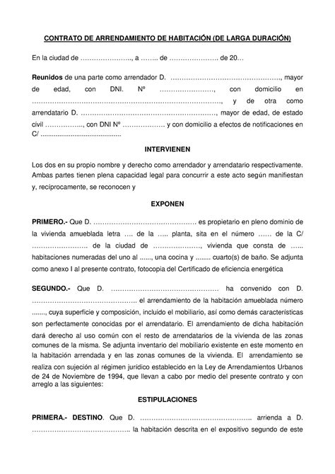 Modelo De Contrato De Alquiler De Habitaciones CONTRATO DE