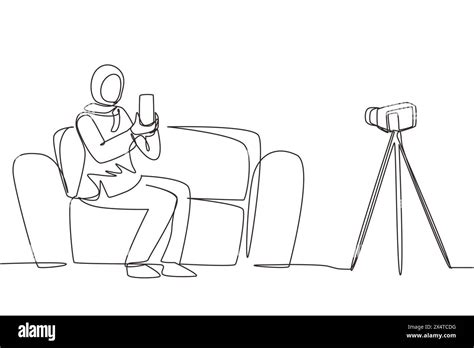 Continuous One Line Drawing Arab Female Influencer Filming Video Review