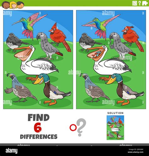 cartoon illustration of finding the differences between pictures educational game with birds