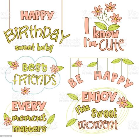 여러 가지 빛깔의 단어와 문자 꽃과 생일을 떠난다 매 순간이 중요합니다 이 달콤한 순간을 즐기십시오 나는 내가 귀엽다 알고있다