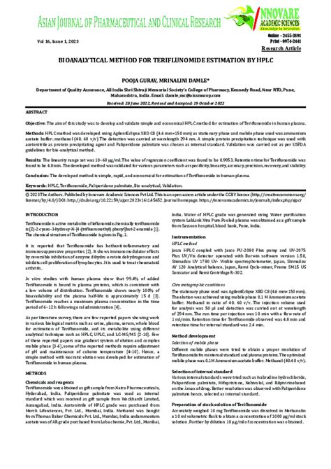 Pdf Bioanalytical Method For Teriflunomide Estimation By Hplc