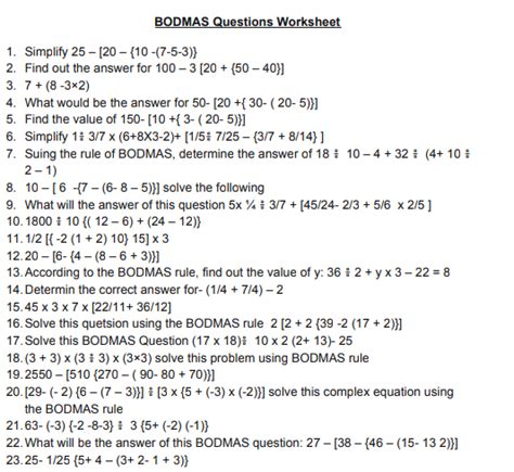 Bodmas Questions Worksheet Simplify 25 20 10 7 5 3 F