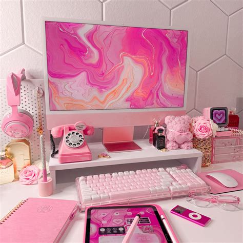 Pink Desk Setup With Refurbished Computer And Apple Accessories Pink