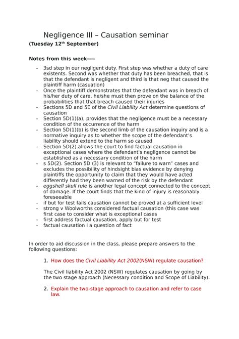 Tuesday 12 Sep Class Ques Negligence Iii Causation Seminar Tuesday