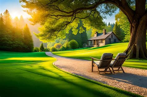 Generative Ai Illustration Of A Lush Green Lawn With Blurred Foliage