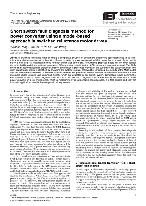 Pdf Short Switch Fault Diagnosis Method For Power Converter Using A Model Based Approach In