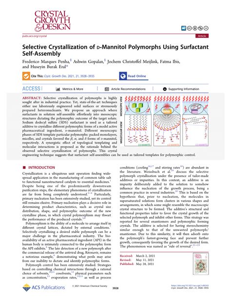 Pdf Selective Crystallization Of D Mannitol Polymorphs Using Surfactant Self Assembly
