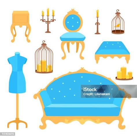 빈티지 레트로 우아한 가구 세트입니다 파란색 노란색 색상입니다 0명에 대한 스톡 벡터 아트 및 기타 이미지 0명 가구 가정의 방 Istock