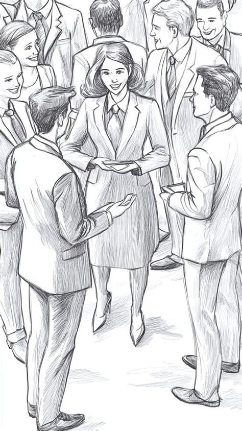 Engraving Style Sketch Of Professionals Interacting In A Corporate