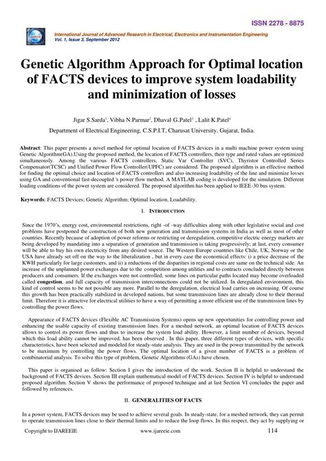 Pdf Copyright To Ijareeie Genetic Algorithm Approach For Optimal Location Of Facts Devices To