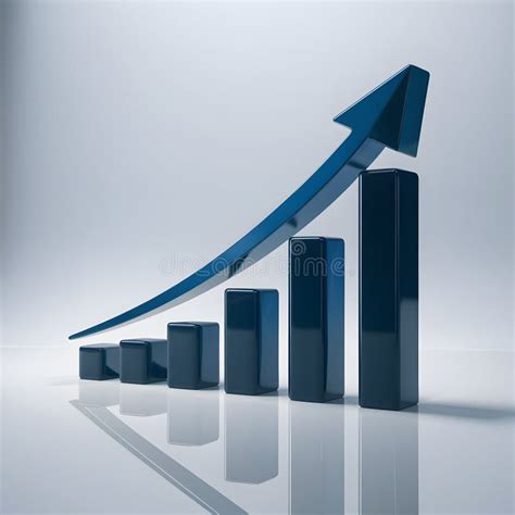 3d Bar Graph With Blue Arrow On Reflective White Background Showing
