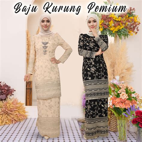 Sadera Premium เย็บปักถักร้อยคลาสสิกยาวโมเดิร์นสีดําจีบ Kurung ชุด Raya